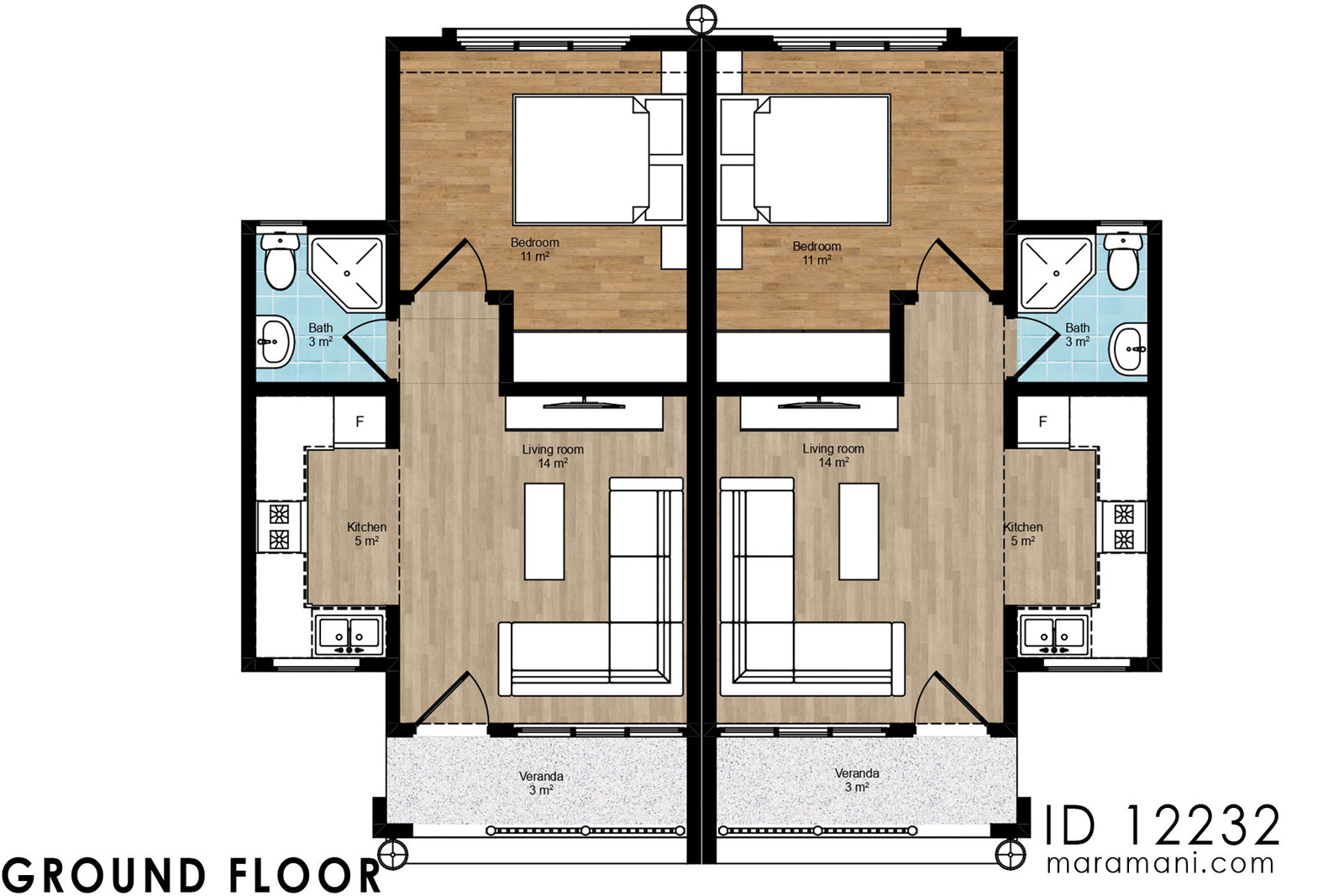 1 Bedroom Duplex house plan - ID 12232 - Designs Maramani