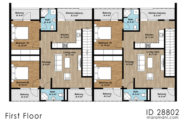 2 bedroom apartment building plan - ID 28802 - House plans by Maramani