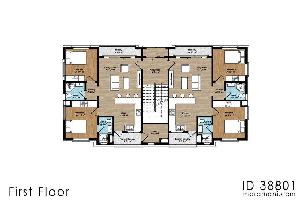 Fourplex 2-Bedroom apartment House Plan - ID 38801 - Maramani