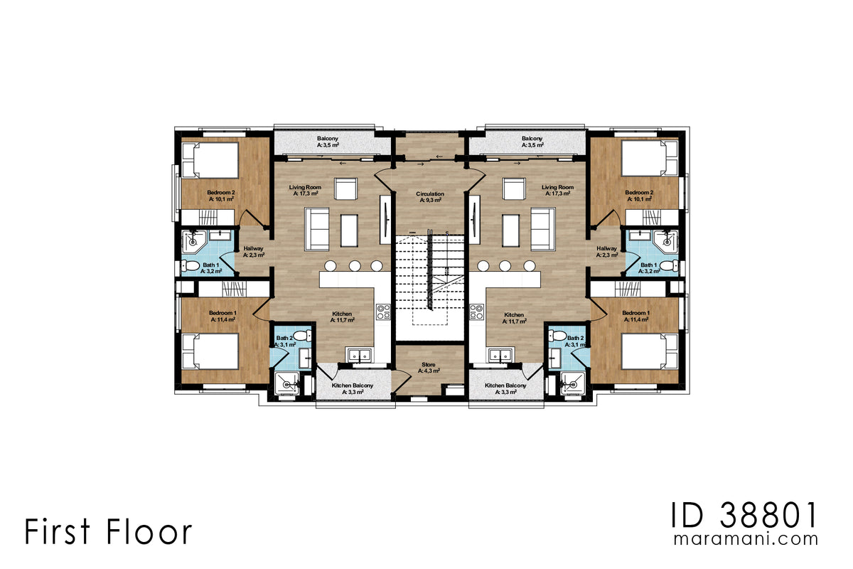 Fourplex 2-Bedroom apartment House Plan - ID 38801 - Maramani