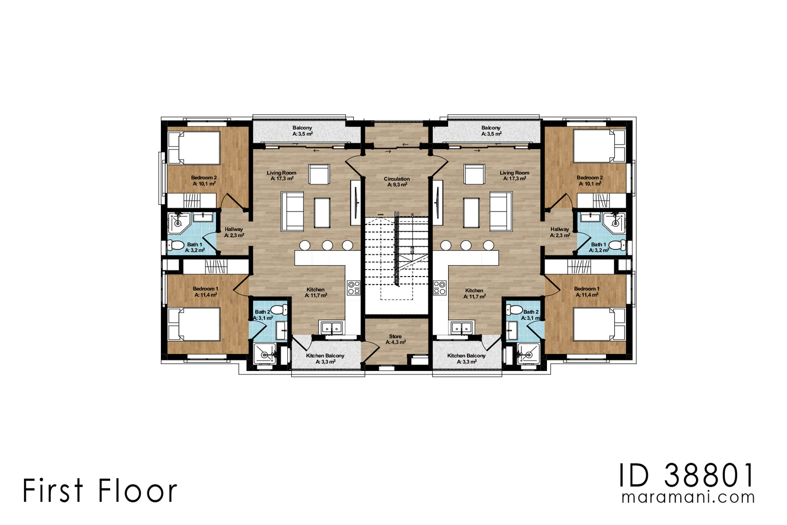 Fourplex 2-Bedroom apartment House Plan - ID 38801 - Maramani