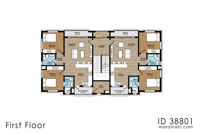 Fourplex 2-Bedroom apartment House Plan - ID 38801 - Maramani