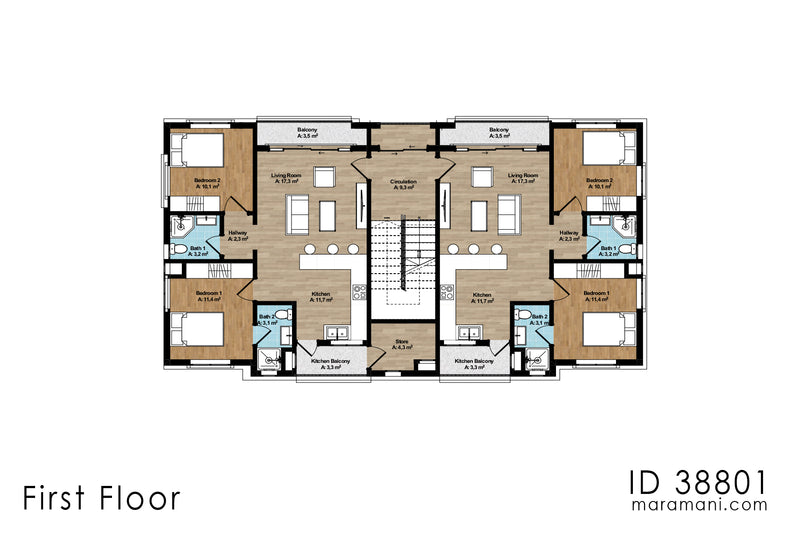 Fourplex 2-Bedroom apartment House Plan - ID 38801 - Maramani