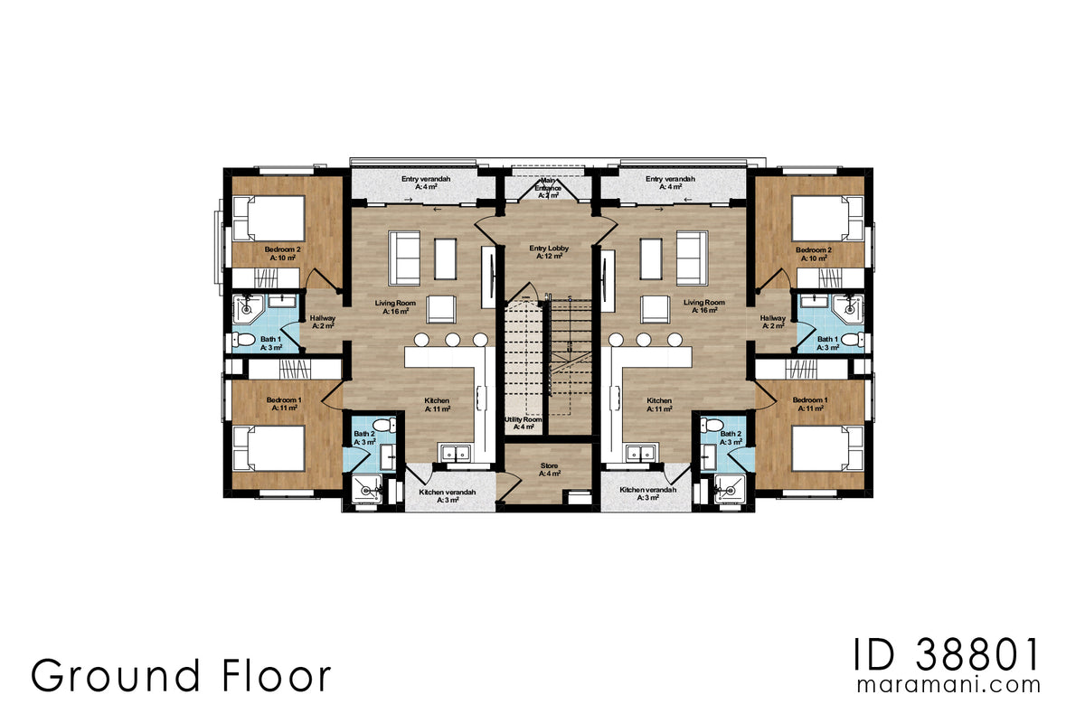 Fourplex 2-Bedroom apartment House Plan - ID 38801 - Maramani
