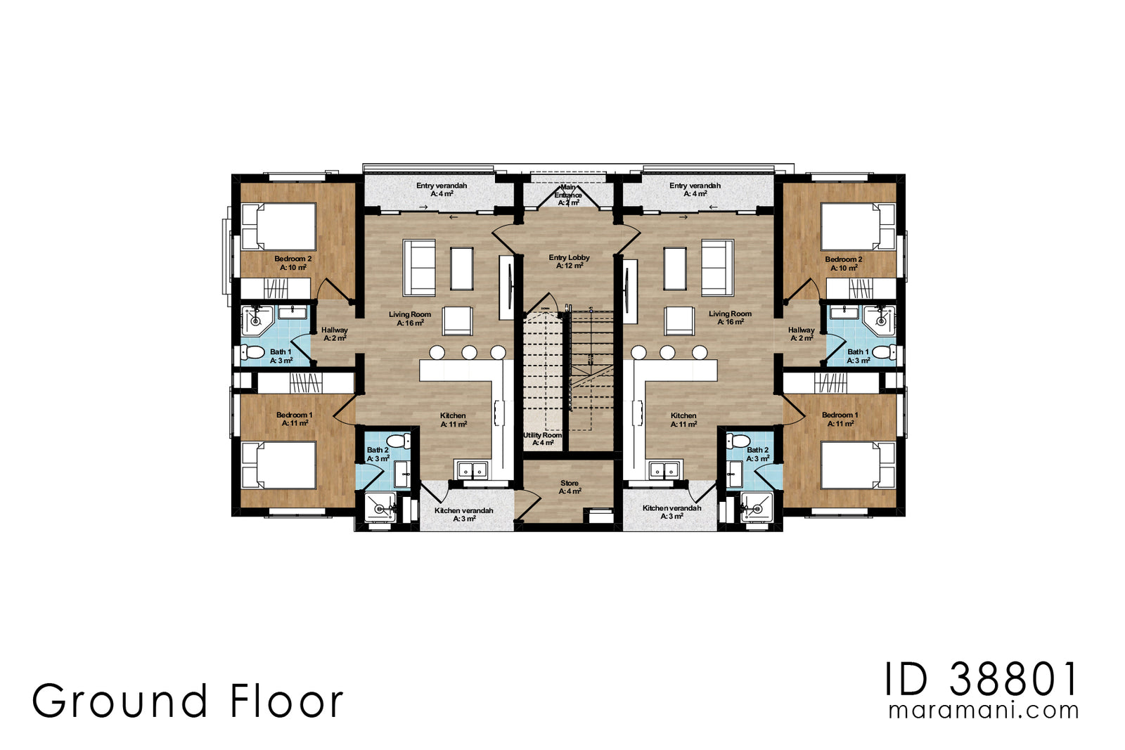 Fourplex 2-Bedroom apartment House Plan - ID 38801 - Maramani