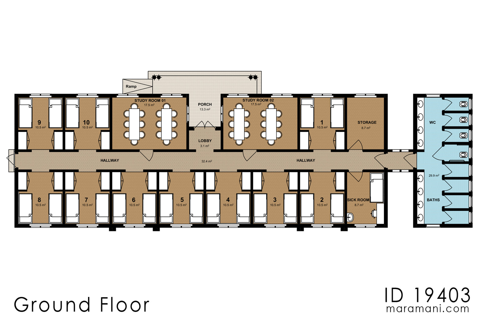 10- Room, Single-Story Communal Residence Plan - ID 19403