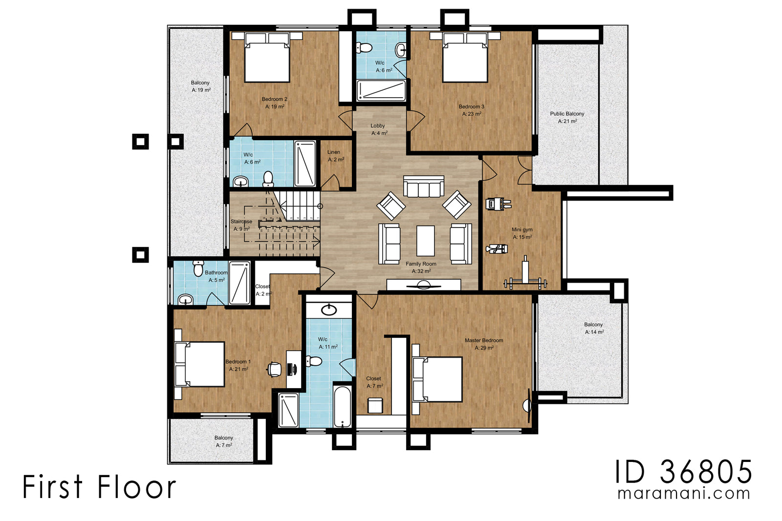 Luxurious 6-Bedroom, 3-Story House Plan - ID 36805