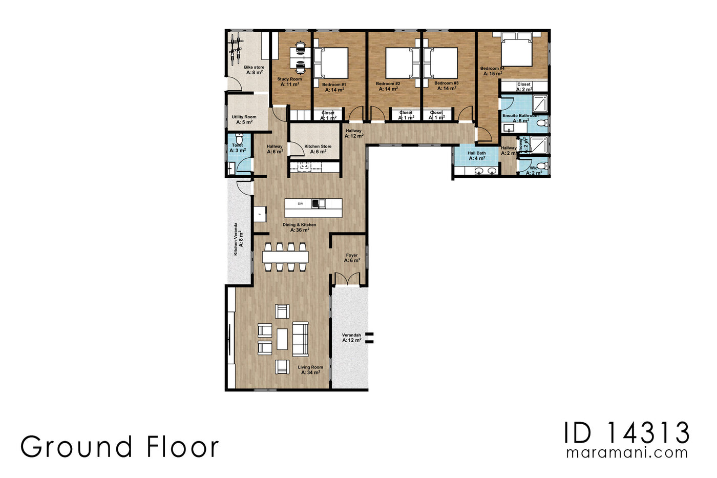 L-Shaped 4 Bedroom House - 1D 14313 - Floor plan by Maramani