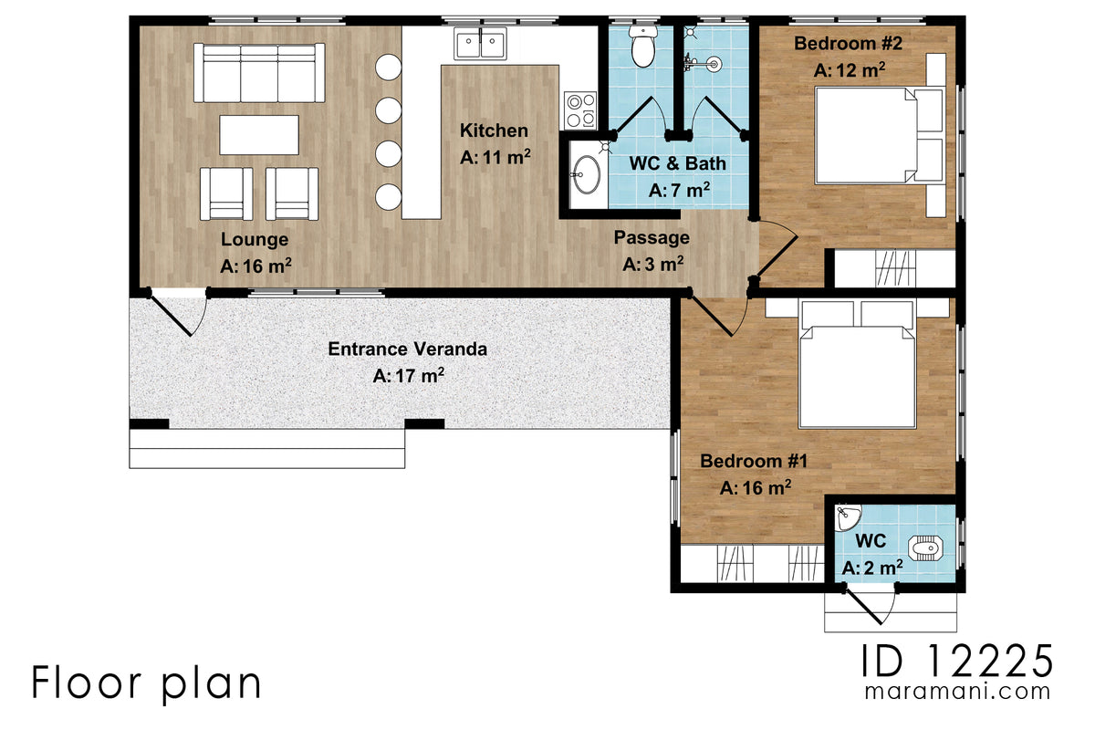 Compact 2 bedroom 2 bathrooms House Plan - ID 12225 - Design by Maramani