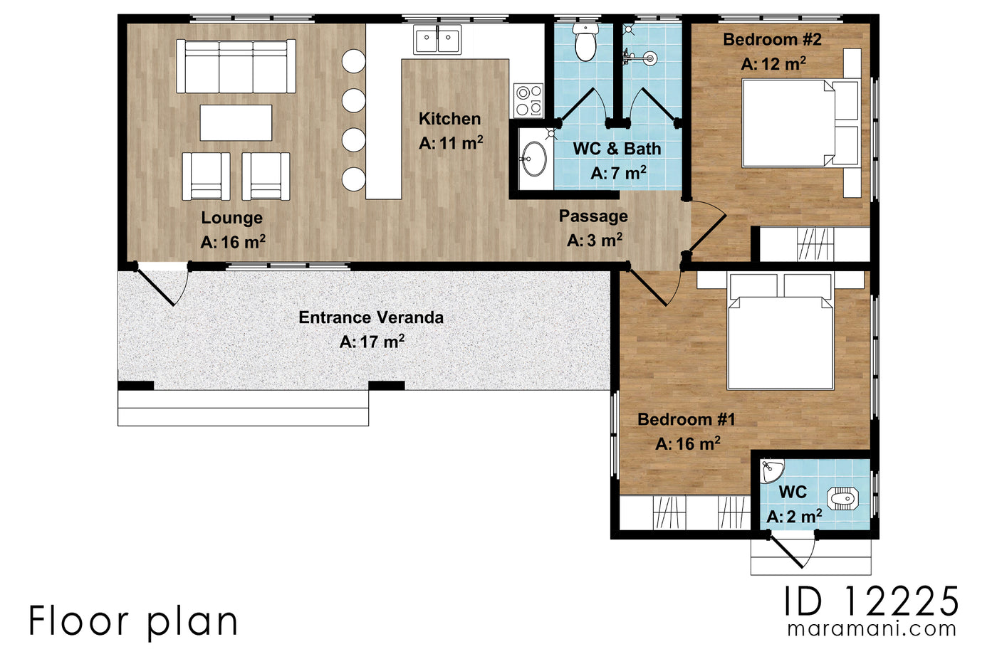 Compact 2 bedroom 2 bathrooms House Plan - ID 12225 - Design by Maramani