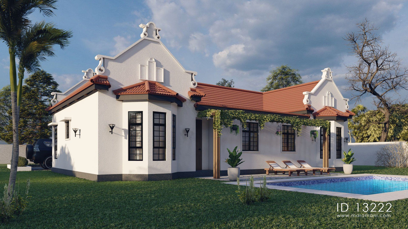 Cape Dutch House plan with 3 bedrooms and fireplace - ID 13222
