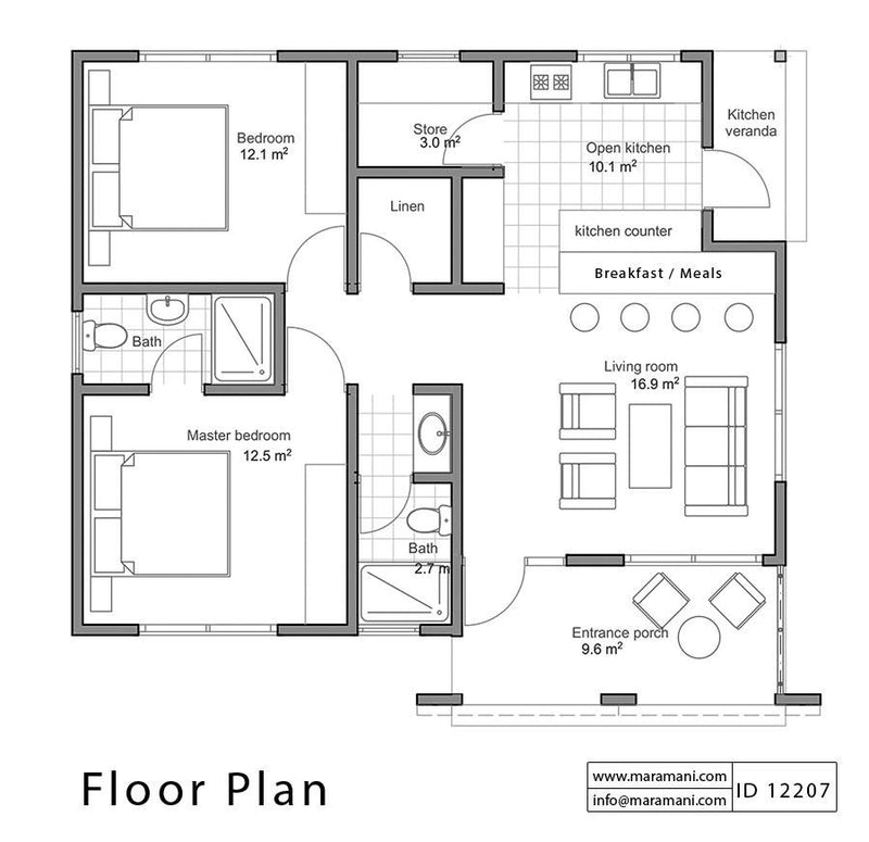Two bedrooms house plan - ID 12207 - House Designs by Maramani