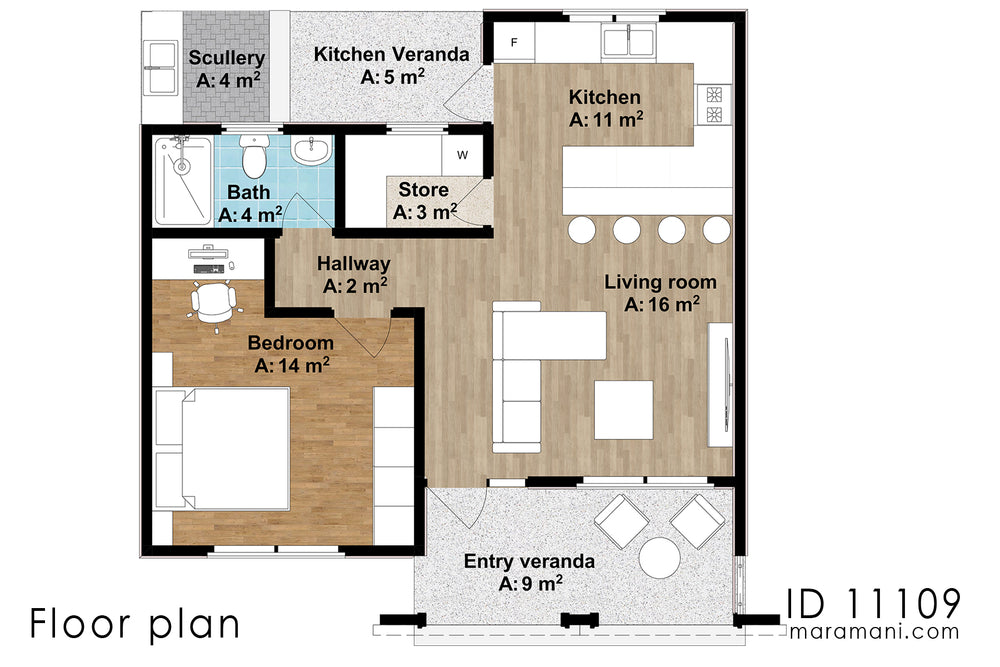 Simple One Bedroom house - ID 11109 - Plans by Maramani.com