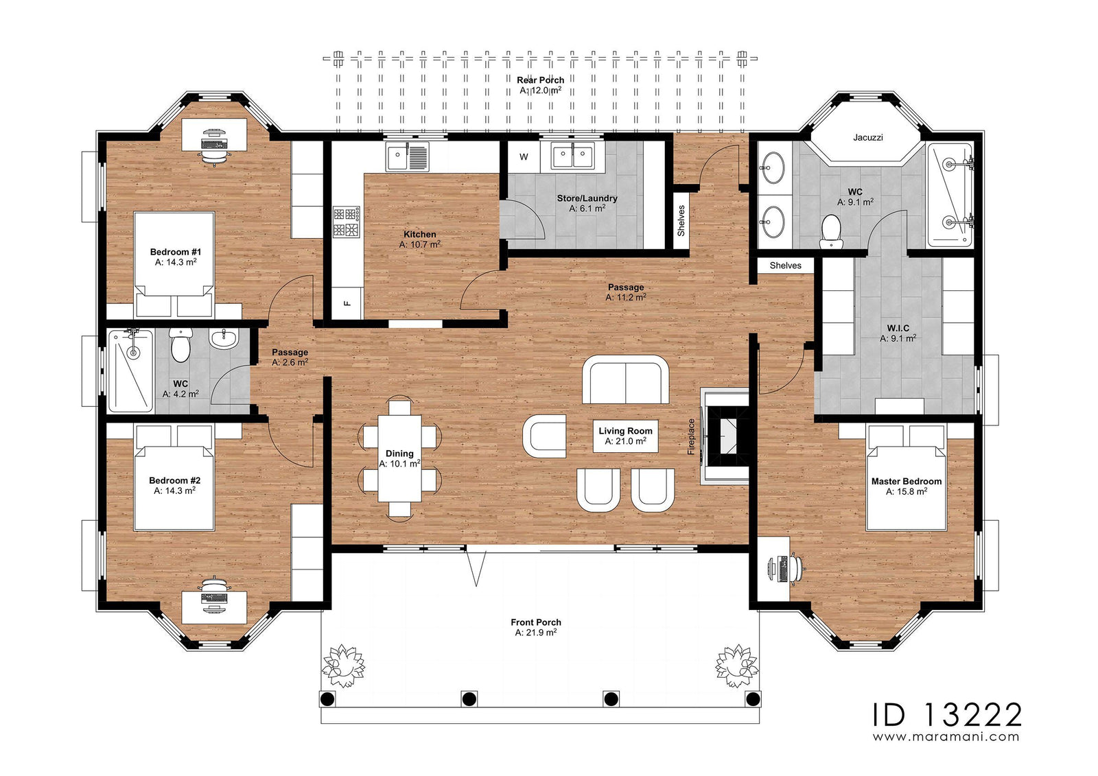 Cape Dutch House plan with 3 bedrooms and fireplace - ID 13222