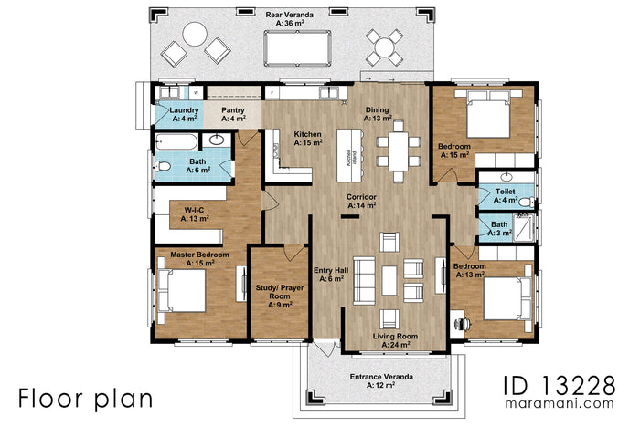 A 3 bedroom with 2 bathroom house design - ID 13228 - Plan by Maramani