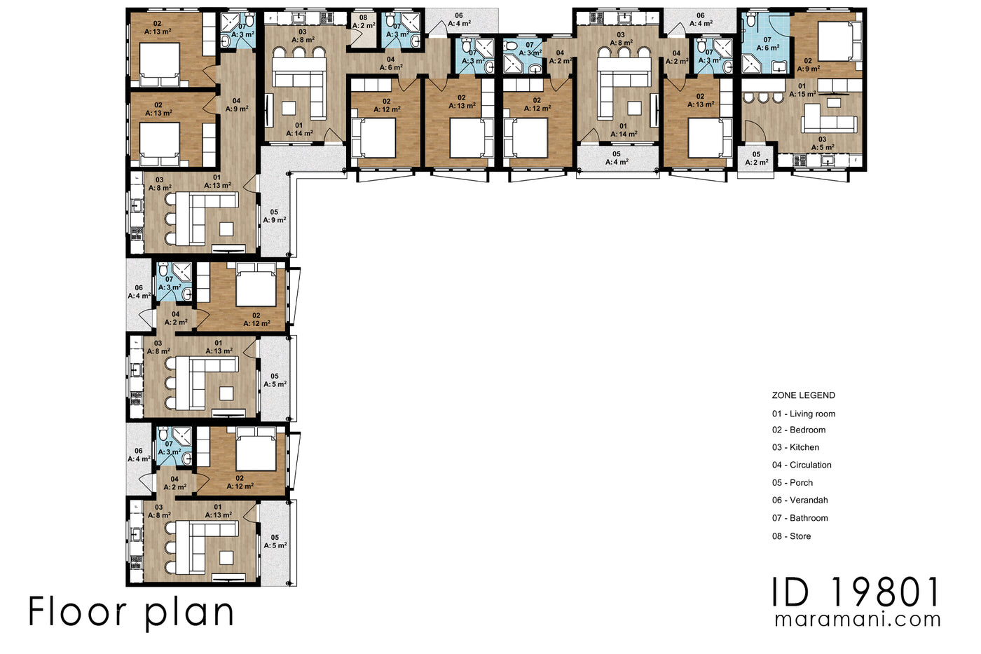 Single-storey Apartment complex - ID 19801 - House plans by Maramani