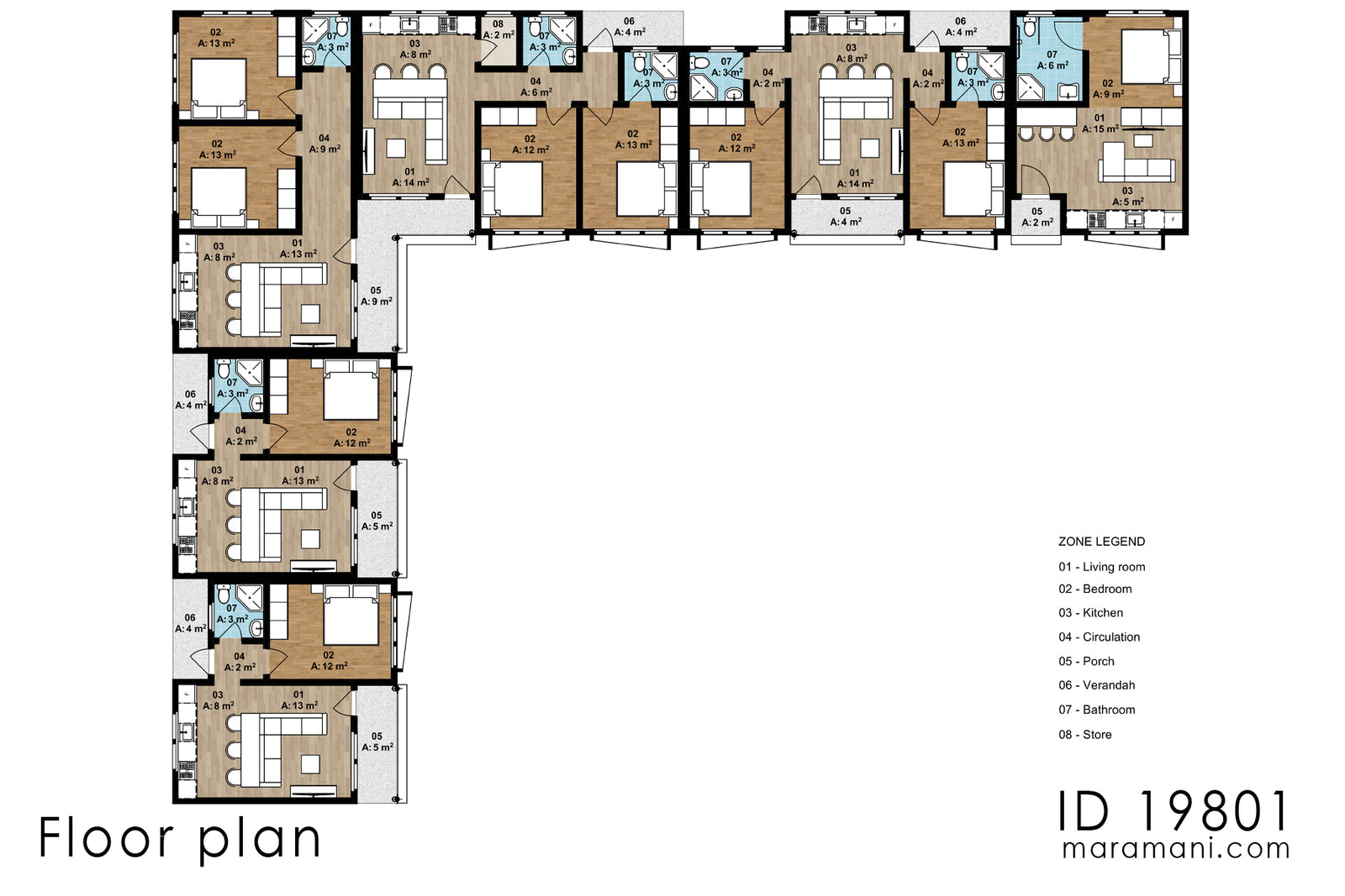 Single-storey Apartment complex - ID 19801 - House plans by Maramani