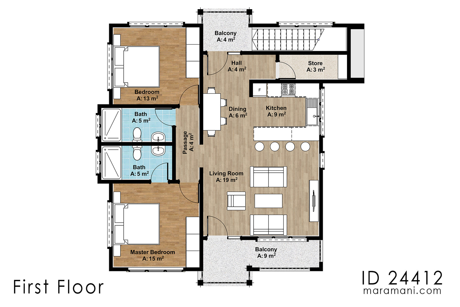 Duplex 2 bedroom apartment - ID 24412 - House plans by Maramani.com