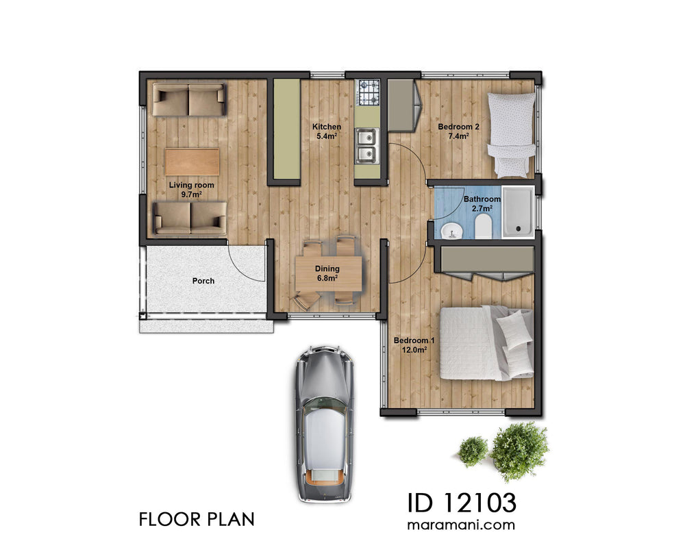 Small house plan 2 bedroom - ID 12103 - House Designs by Maramani