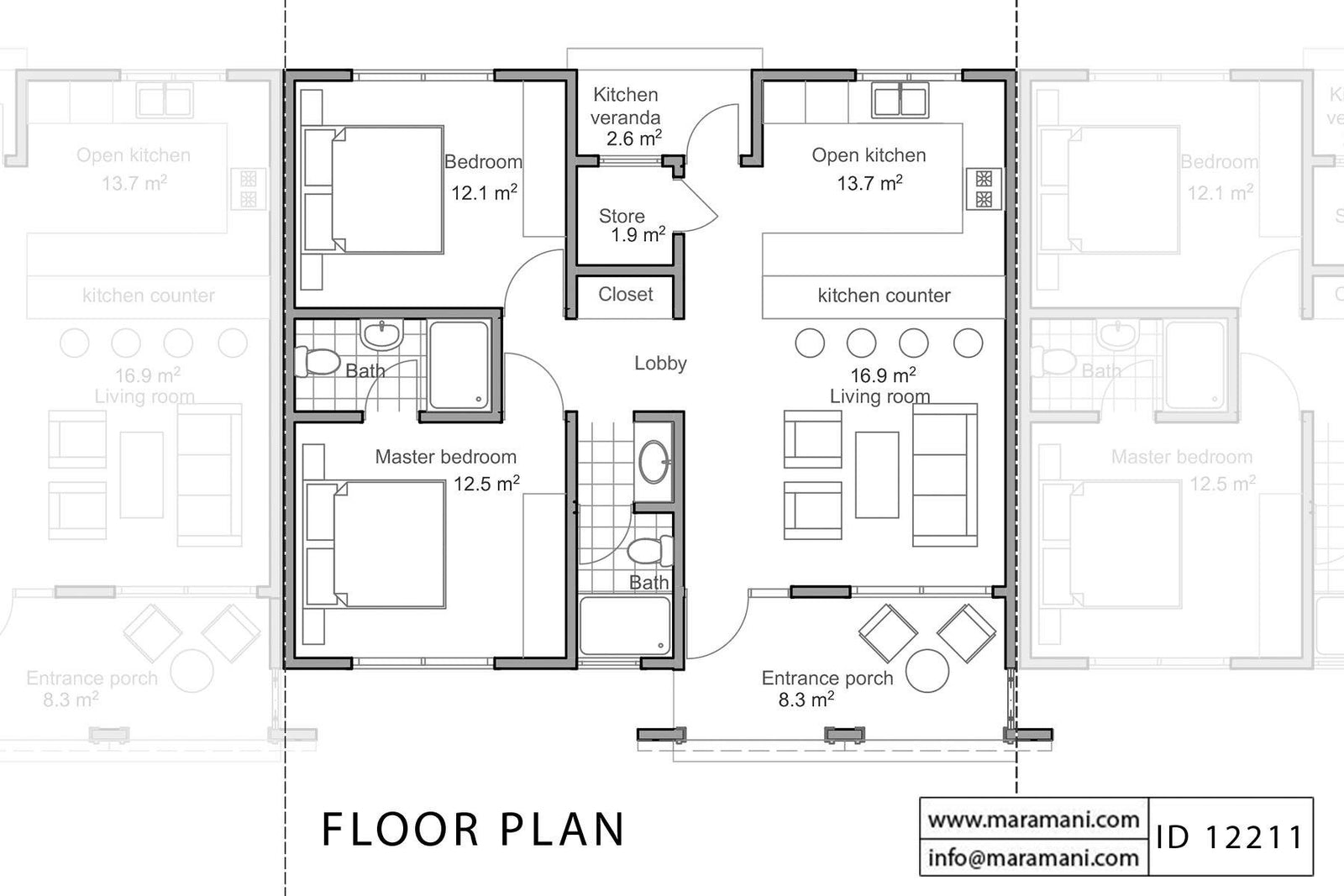 A 2 bedroom row house plan for real-estate purposes - ID 12211