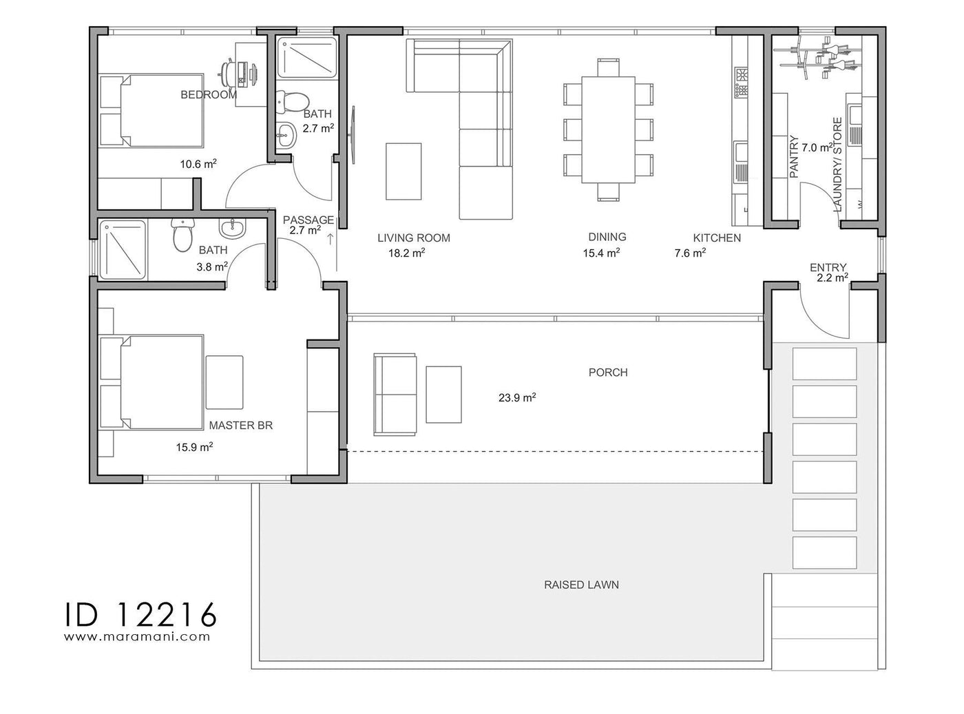 2 bedroom open plan - ID 12216 - House plans by Maramani.com