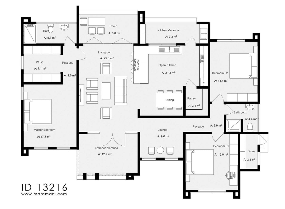 3 Bedroom house with an open plan - ID 13216 - Design by Maramani